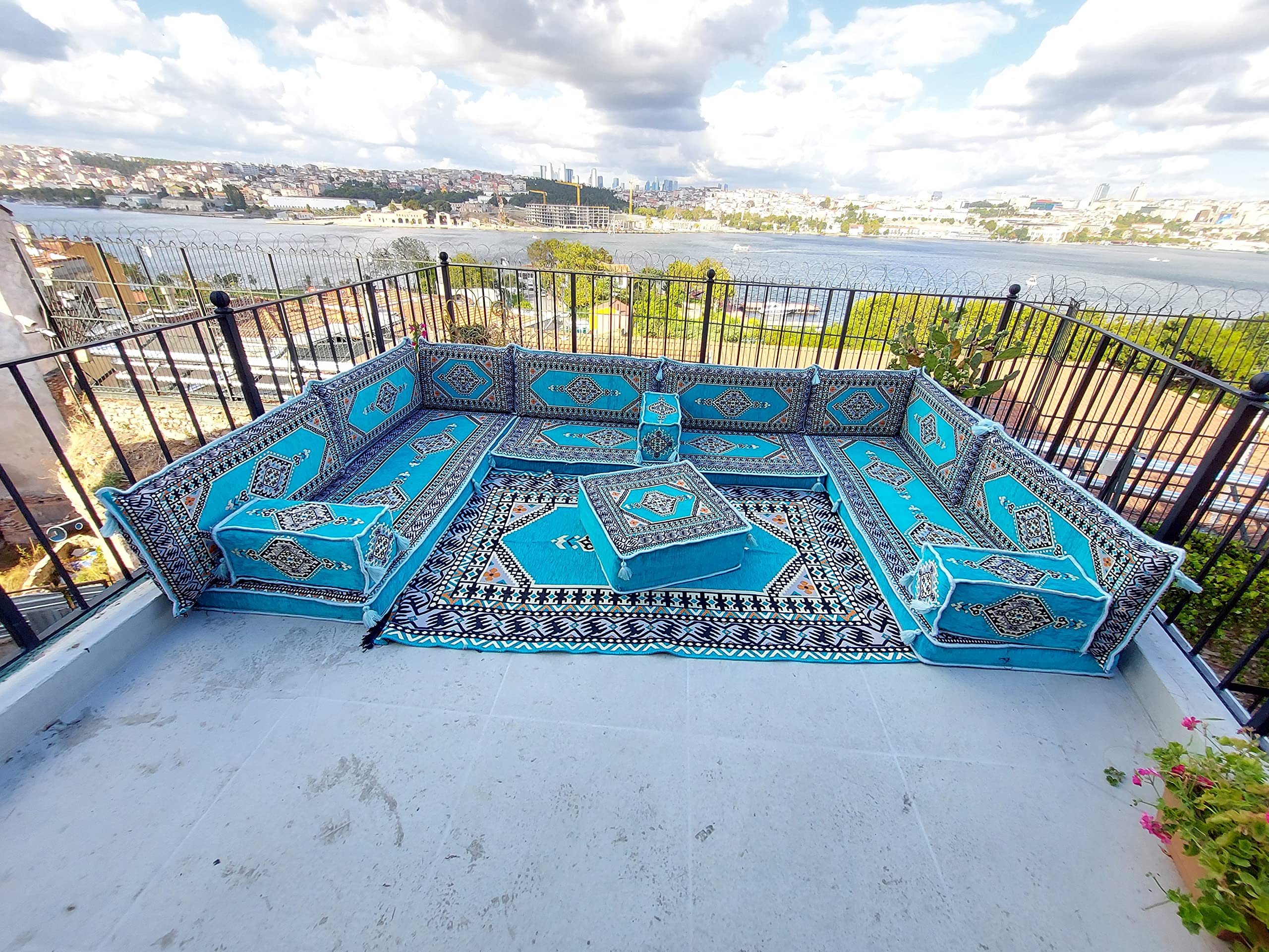 Light Blue Floor Sofa Seating Set, Corner Floor Cushions, U Shaped Arabic Sofa Set, Pallet Sofas, Sectional Sofas, Meditation Yoga Sofa Sets (U Sofas + Rug + Ottoman)