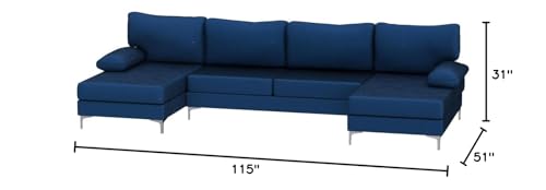 Divano Roma Furniture Modern Large Velvet Fabric U-Shape Sectional Sofa, Double Extra Wide Chaise Lounge Couch, Navy