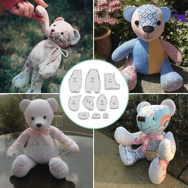 10 PCS Memory Bear Template Ruler Set, Memory Bear Sewing Patterns Template with Instructions, Acrylic Quilting Template Cutting Set for Sewing Bear Pattern Template Home Sewing Art Craft (10inch)