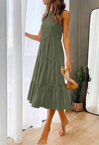 ZESICA Women's Summer Casual Sleeveless Crew Neck Smocked High Waist Flowy Tiered A Line Midi Dress,ArmyGreen,Medium