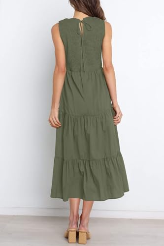 ZESICA Women's Summer Casual Sleeveless Crew Neck Smocked High Waist Flowy Tiered A Line Midi Dress,ArmyGreen,Medium