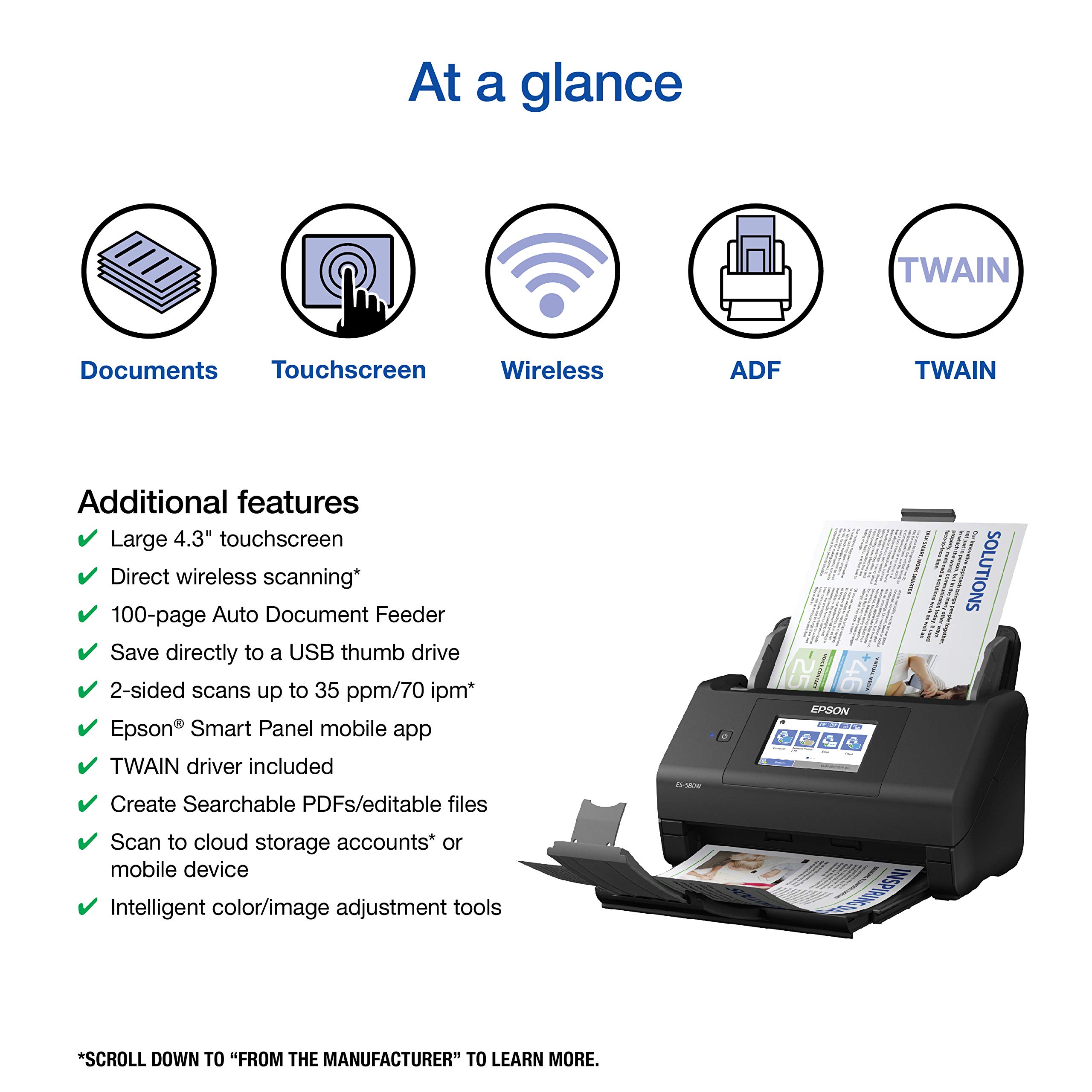 Epson Workforce ES-580W Wireless Color Duplex Desktop Document Scanner for PC and Mac with 100-sheet Auto Document Feeder (ADF) and Intuitive 4.3" Touchscreen. Full 1-Year Limited Warranty (Renewed)