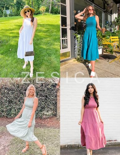 ZESICA Women's Summer Casual Sleeveless Crew Neck Smocked High Waist Flowy Tiered A Line Midi Dress,ArmyGreen,Medium