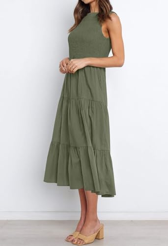 ZESICA Women's Summer Casual Sleeveless Crew Neck Smocked High Waist Flowy Tiered A Line Midi Dress,ArmyGreen,Medium