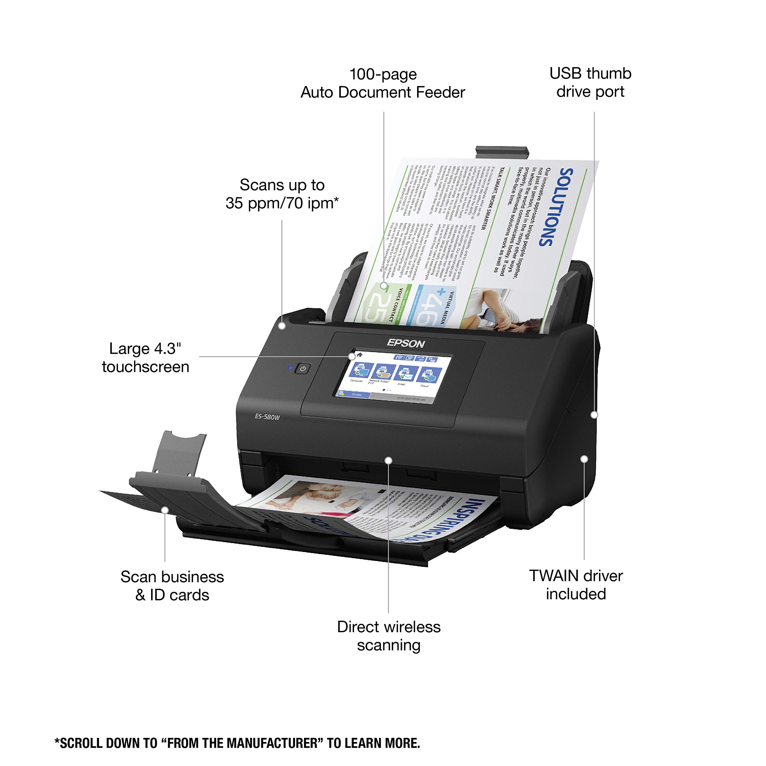Epson Workforce ES-580W Wireless Color Duplex Desktop Document Scanner for PC and Mac with 100-sheet Auto Document Feeder (ADF) and Intuitive 4.3" Touchscreen. Full 1-Year Limited Warranty (Renewed)
