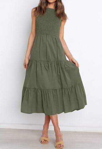 ZESICA Women's Summer Casual Sleeveless Crew Neck Smocked High Waist Flowy Tiered A Line Midi Dress,ArmyGreen,Medium