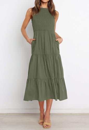 ZESICA Women's Summer Casual Sleeveless Crew Neck Smocked High Waist Flowy Tiered A Line Midi Dress,ArmyGreen,Medium