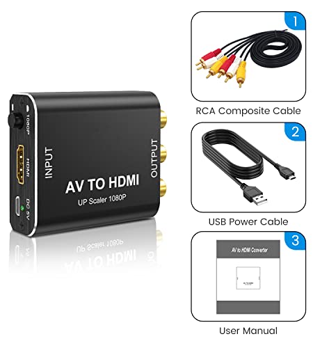 RCA to HDMI Converter, AV to HDMI Converter with RCA Cables, Aluminum 1080P Analog Composite CVBS Video Adapter Support PAL/NTSC for Smart TV PS2 Wii SNES N64 Xbox VHS VCR DVD Player