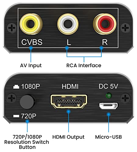 RCA to HDMI Converter, AV to HDMI Converter with RCA Cables, Aluminum 1080P Analog Composite CVBS Video Adapter Support PAL/NTSC for Smart TV PS2 Wii SNES N64 Xbox VHS VCR DVD Player
