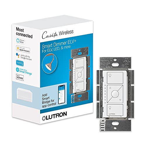 Lutron CasĂŠta Smart Dimmer Switch for ELV+ Bulbs, 250W LED, PD-5NE-WH, White