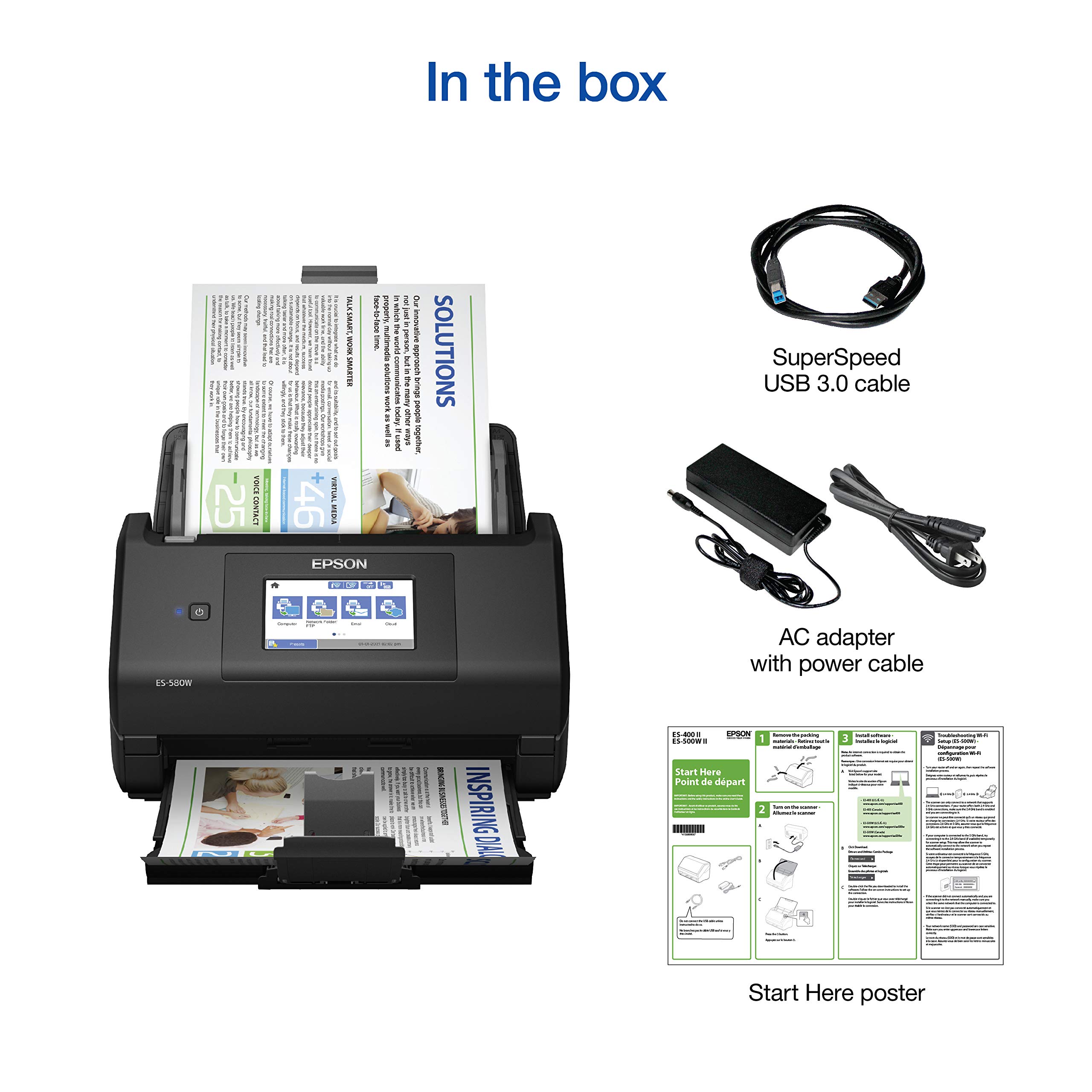 Epson Workforce ES-580W Wireless Color Duplex Desktop Document Scanner for PC and Mac with 100-sheet Auto Document Feeder (ADF) and Intuitive 4.3" Touchscreen. Full 1-Year Limited Warranty (Renewed)