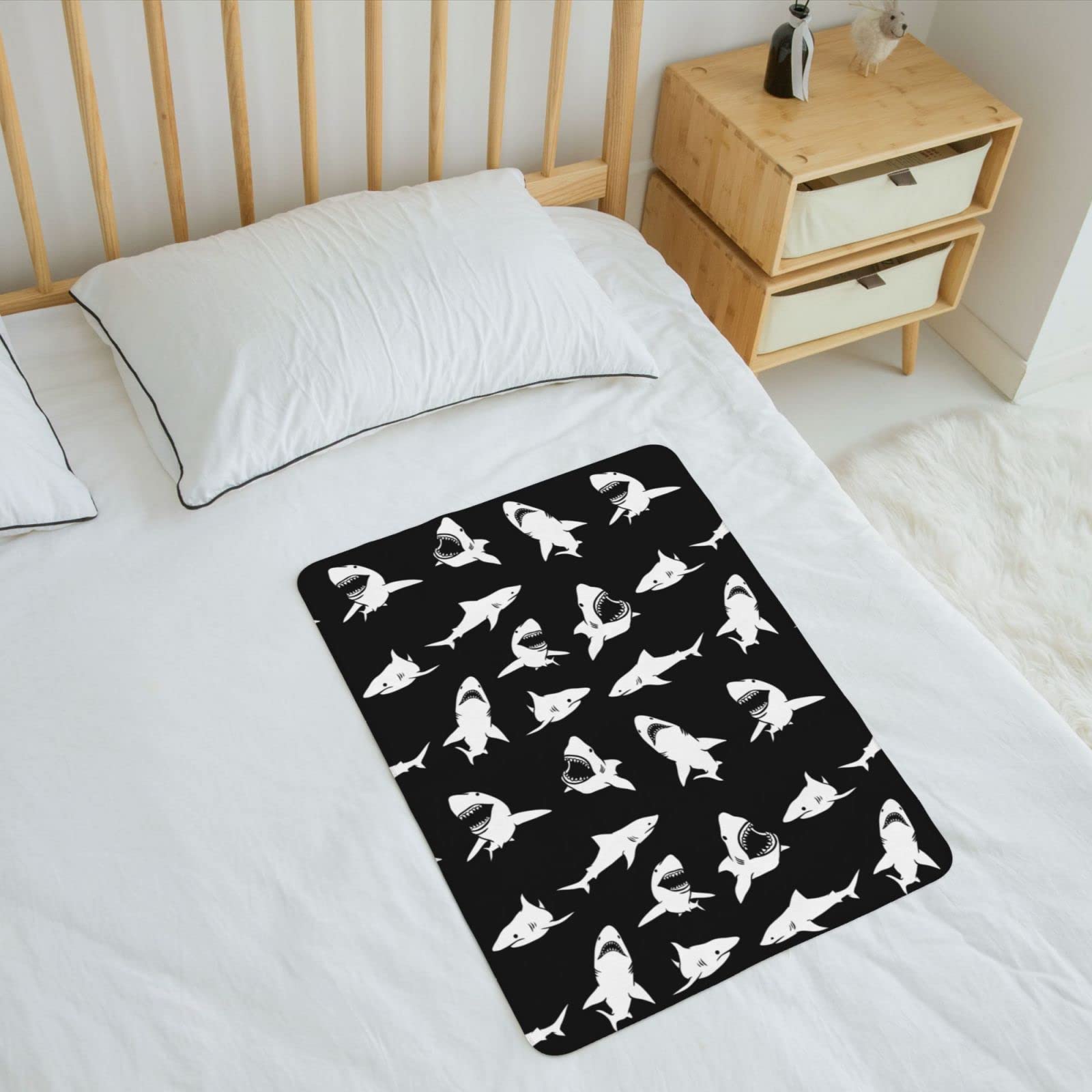 Ykklima Baby Changing Pad, Cute White Shark Fierce Black Pattern Change Mat for Diaper Change Waterproof Cotton Portable Reusable Washable for Home & Travel (20 x 28 Inches)