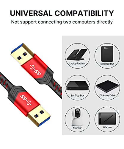 JSAUX USB to USB Cable, USB 3.0 A to A Male Cable 2 Pack(3.3ft+6.6ft) USB Male to Male Cable Double End USB Cord Compatible for Hard Drive Enclosures, DVD Player, Laptop Cooler and More (Red)