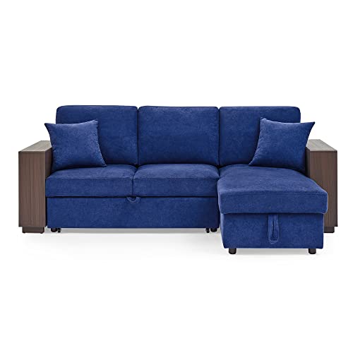 SZUBEE L-Shaped 88" Reversible Pulled Bed Sectional Living Room Furniture with 2 Seats Sofa and Storage Chaise Two Pillows, Navy Blue