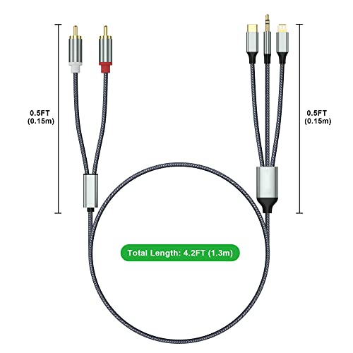Lightning to RCA Cable Audio Aux Adapter,RCA to 3.5mm Cable,USB C to 2 RCA Audio Cable, (3 in 1 Audio Cable) for Power Amplifier, Car, Home Theater, Speaker and More(Lightning Compatible)(4.26FT