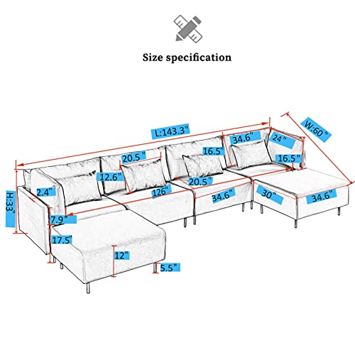 Linen Upholstered 6 Seats U Shaped Modular Sofa Modern Convertible Sectional Sofa Couch with Reversible Chaise Lounge and 4 Pillows L Shaped Couch Extra Wide Seat for Living Room Apartment 143” Blue
