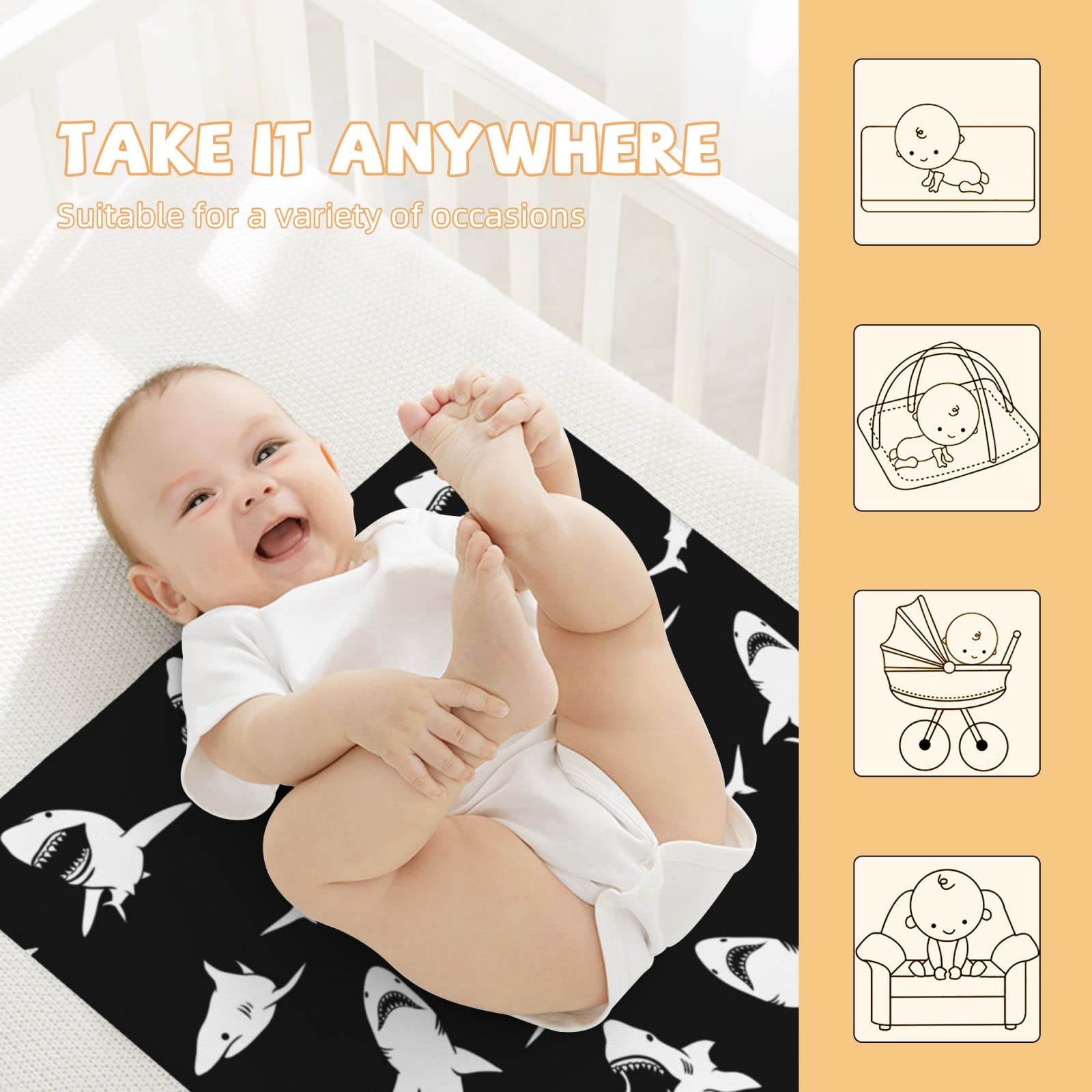 Ykklima Baby Changing Pad, Cute White Shark Fierce Black Pattern Change Mat for Diaper Change Waterproof Cotton Portable Reusable Washable for Home & Travel (20 x 28 Inches)