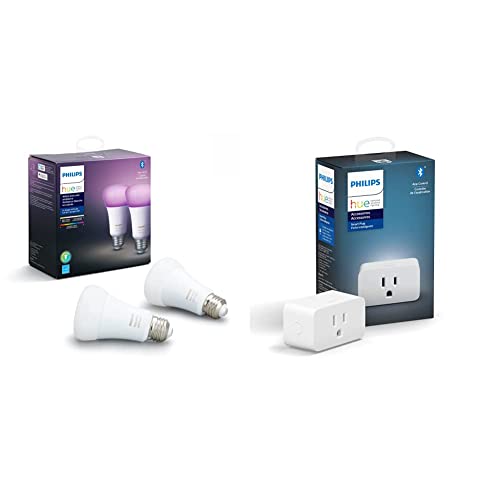 Philips Hue White and Color Ambiance 2-Pack A19 LED Smart Bulb, Compatible with Alexa & Google Assistant – A Certified for Humans Device & 552349 Smart Plug, 1 Count (Pack of 1), White