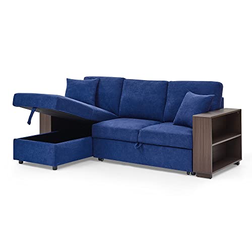 SZUBEE L-Shaped 88" Reversible Pulled Bed Sectional Living Room Furniture with 2 Seats Sofa and Storage Chaise Two Pillows, Navy Blue