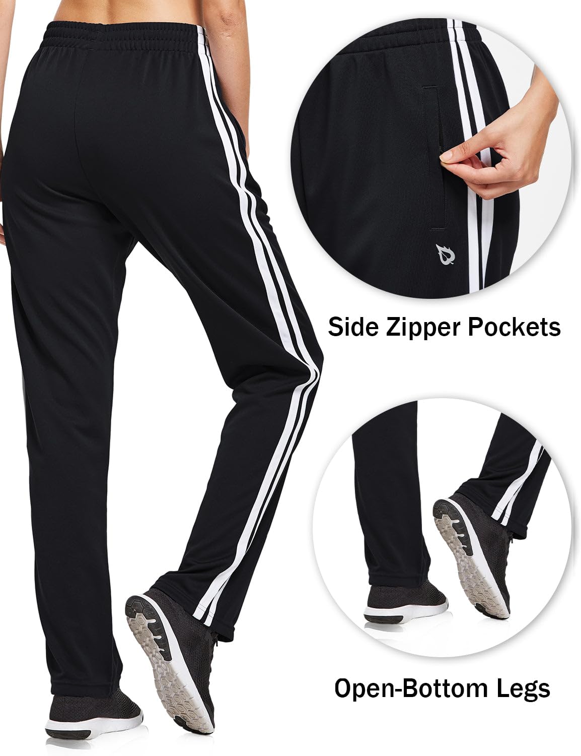 BALEAF Women's Track Pants Athletic Jogging Sweatpants Zipper Pockets Warm-Up Sports Running Pants Black/White Size L