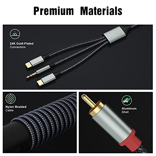 Lightning to RCA Cable Audio Aux Adapter,RCA to 3.5mm Cable,USB C to 2 RCA Audio Cable, (3 in 1 Audio Cable) for Power Amplifier, Car, Home Theater, Speaker and More(Lightning Compatible)(4.26FT