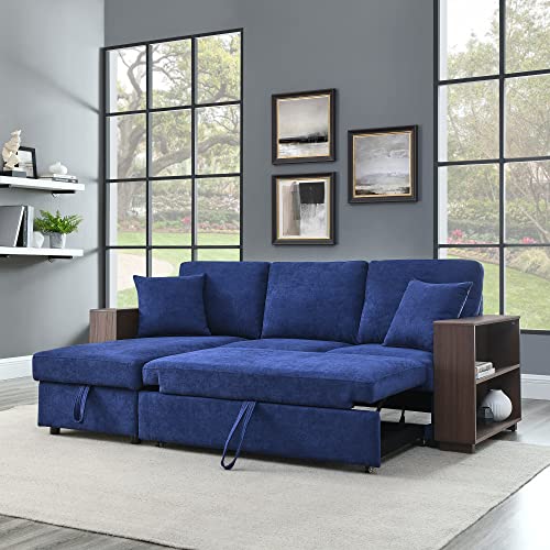 SZUBEE L-Shaped 88" Reversible Pulled Bed Sectional Living Room Furniture with 2 Seats Sofa and Storage Chaise Two Pillows, Navy Blue