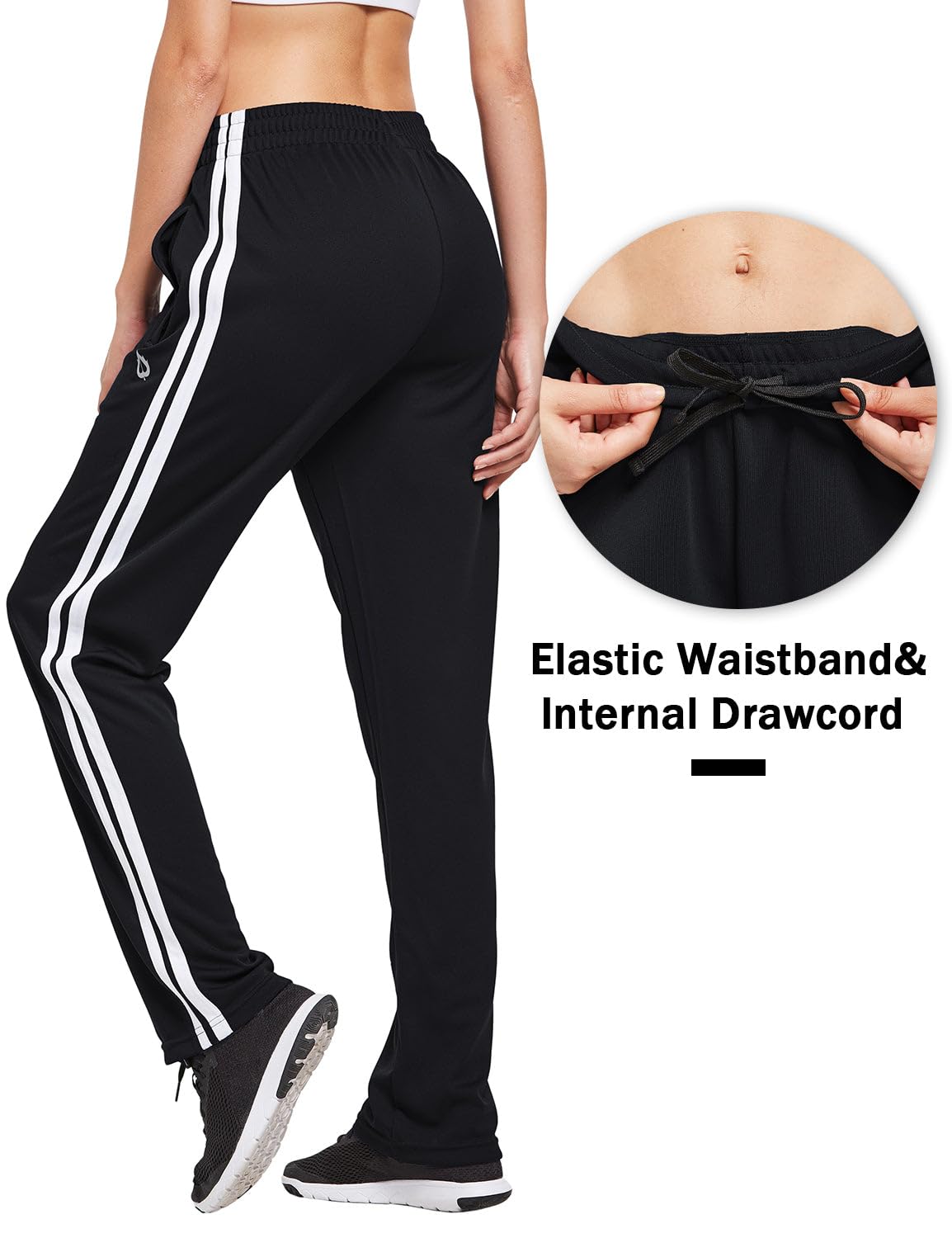BALEAF Women's Track Pants Athletic Jogging Sweatpants Zipper Pockets Warm-Up Sports Running Pants Black/White Size L