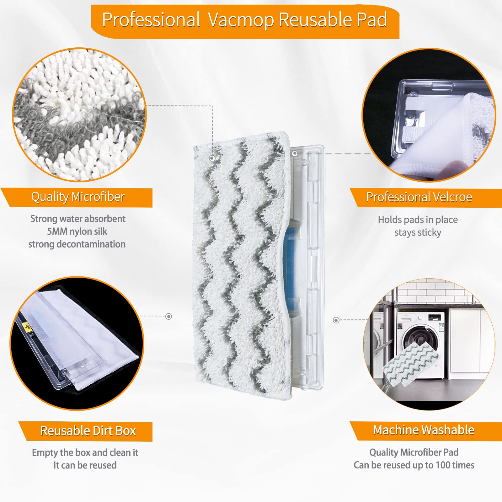 klaqian Reusable Mop Pad Refills for Shark VACMOP VM252 VM250 VM205 VM200 VM190 VC205 QM250, Vacuum Mop Pad Refills(8 Packs)