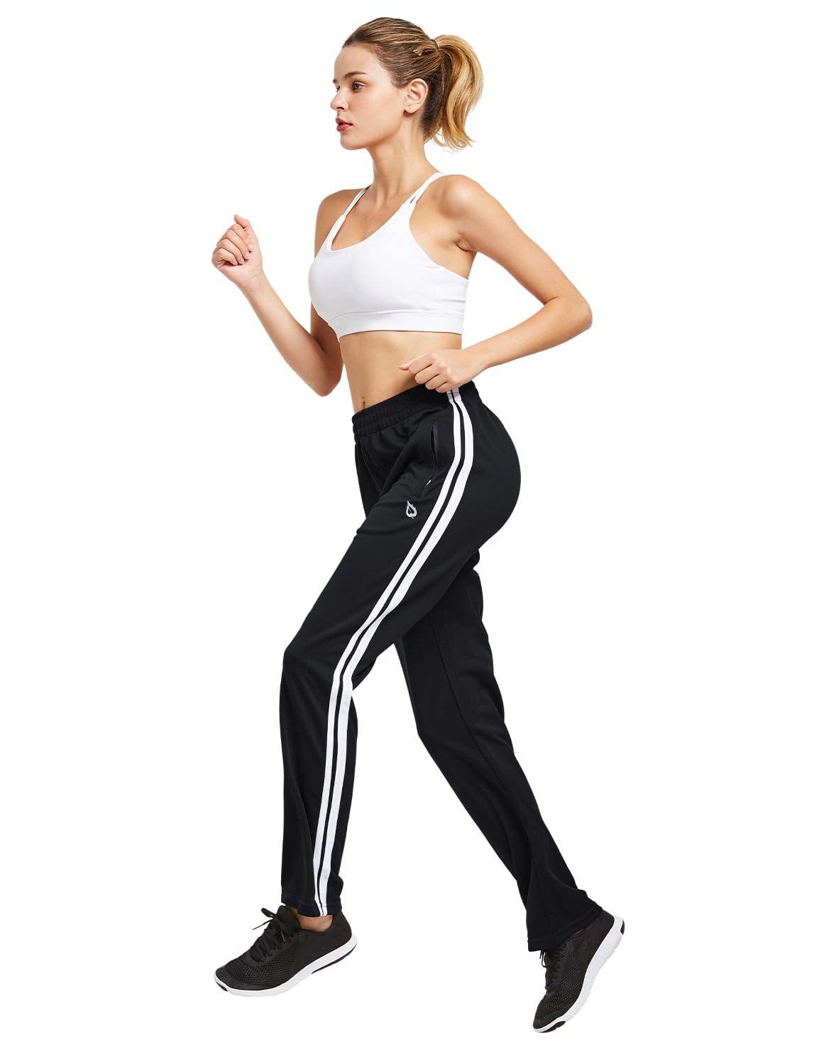 BALEAF Women's Track Pants Athletic Jogging Sweatpants Zipper Pockets Warm-Up Sports Running Pants Black/White Size L