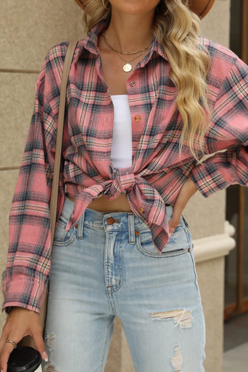 CHYRII Womens Button Down Flannel Shirts Long Sleeve Plaid Shacket Business Casual Blouse Topss Pink -7122 S