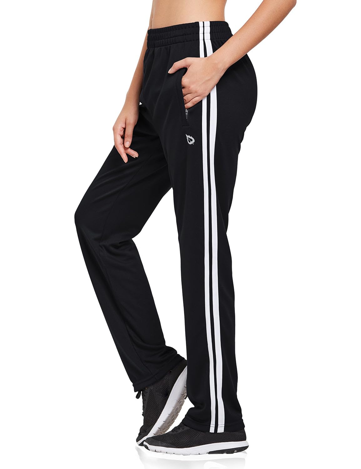 BALEAF Women's Track Pants Athletic Jogging Sweatpants Zipper Pockets Warm-Up Sports Running Pants Black/White Size L