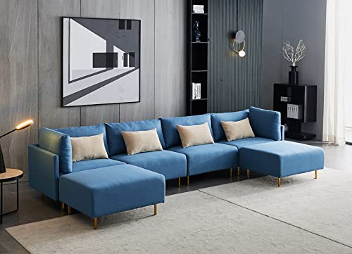Linen Upholstered 6 Seats U Shaped Modular Sofa Modern Convertible Sectional Sofa Couch with Reversible Chaise Lounge and 4 Pillows L Shaped Couch Extra Wide Seat for Living Room Apartment 143ā Blue