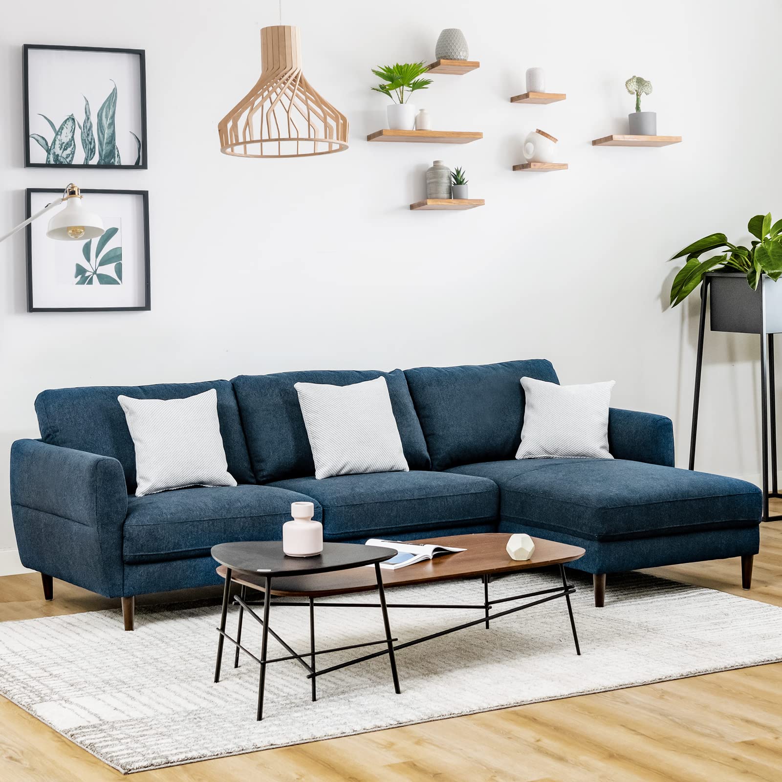 Giantex Sectional Sofa Couch Set, 3-Seat Sofa with Chaise Lounge, Modern L-Shaped Sofa Set for Living Room Apartment Office, Easy Assembly (Navy Blue)