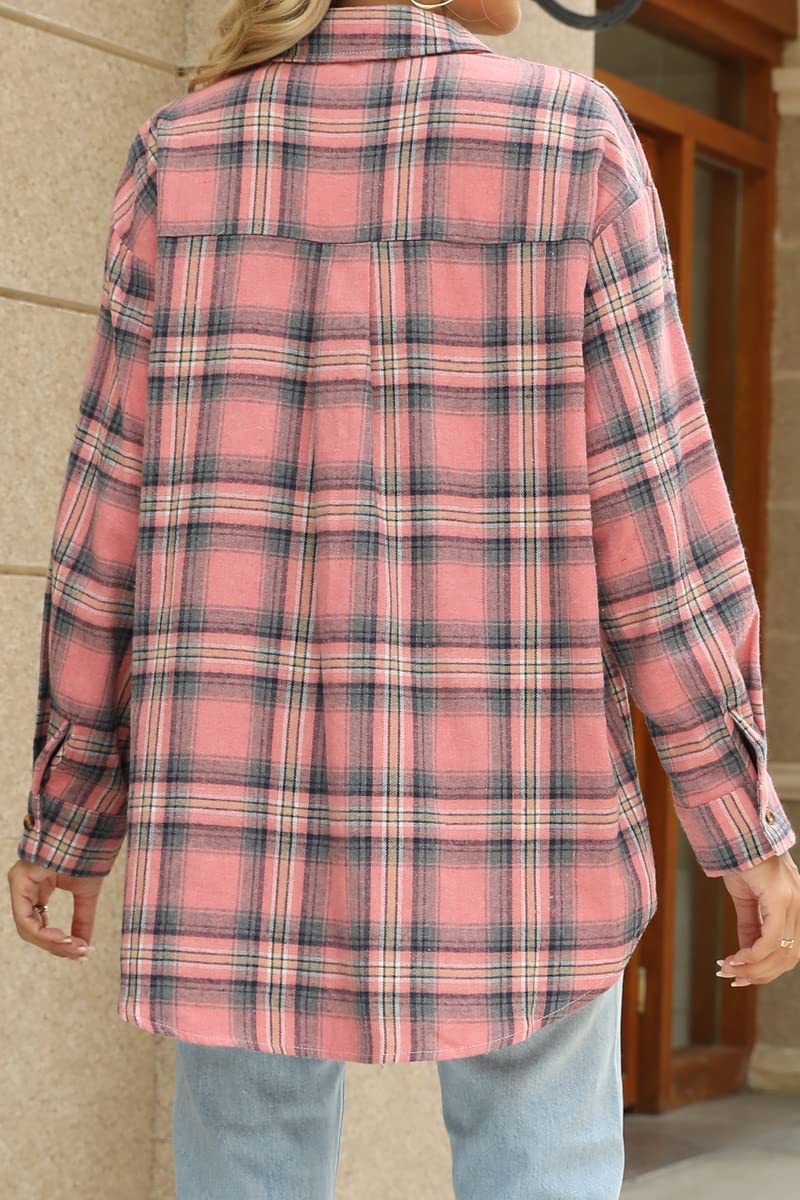 CHYRII Womens Button Down Flannel Shirts Long Sleeve Plaid Shacket Business Casual Blouse Topss Pink -7122 S
