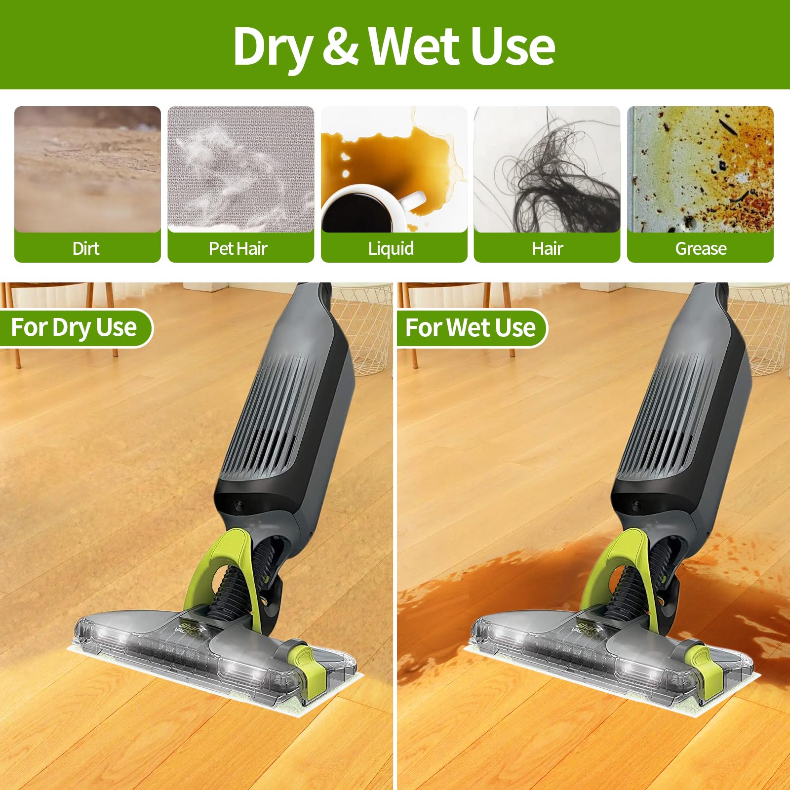 Gudotra 6 Pack Mop Pad Refills Compatible with Shark Vacmop Hardwood Floor Vacuum Mops VM252 VM251 VM200 VM200C VM190 VM252C QM250 VM250 VC205 Reusable Wet and Dry Vacmop Pads Green