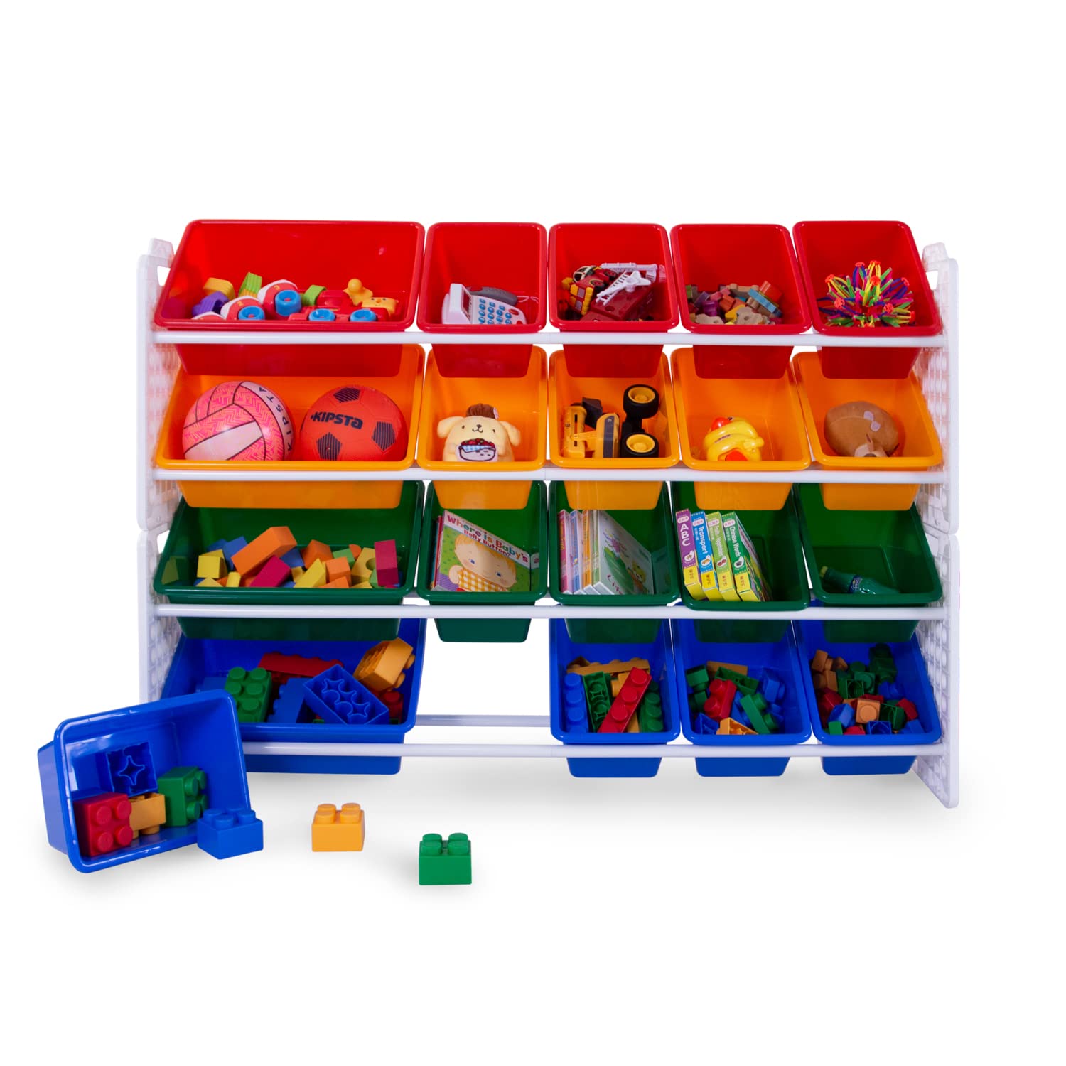 UNiPLAY Toy Organizer with 20 Removable Storage Bins, Multi-Bin Organizer for Books, Building Blocks, School Materials, Toys with Baseplate Board Frame (Primary)