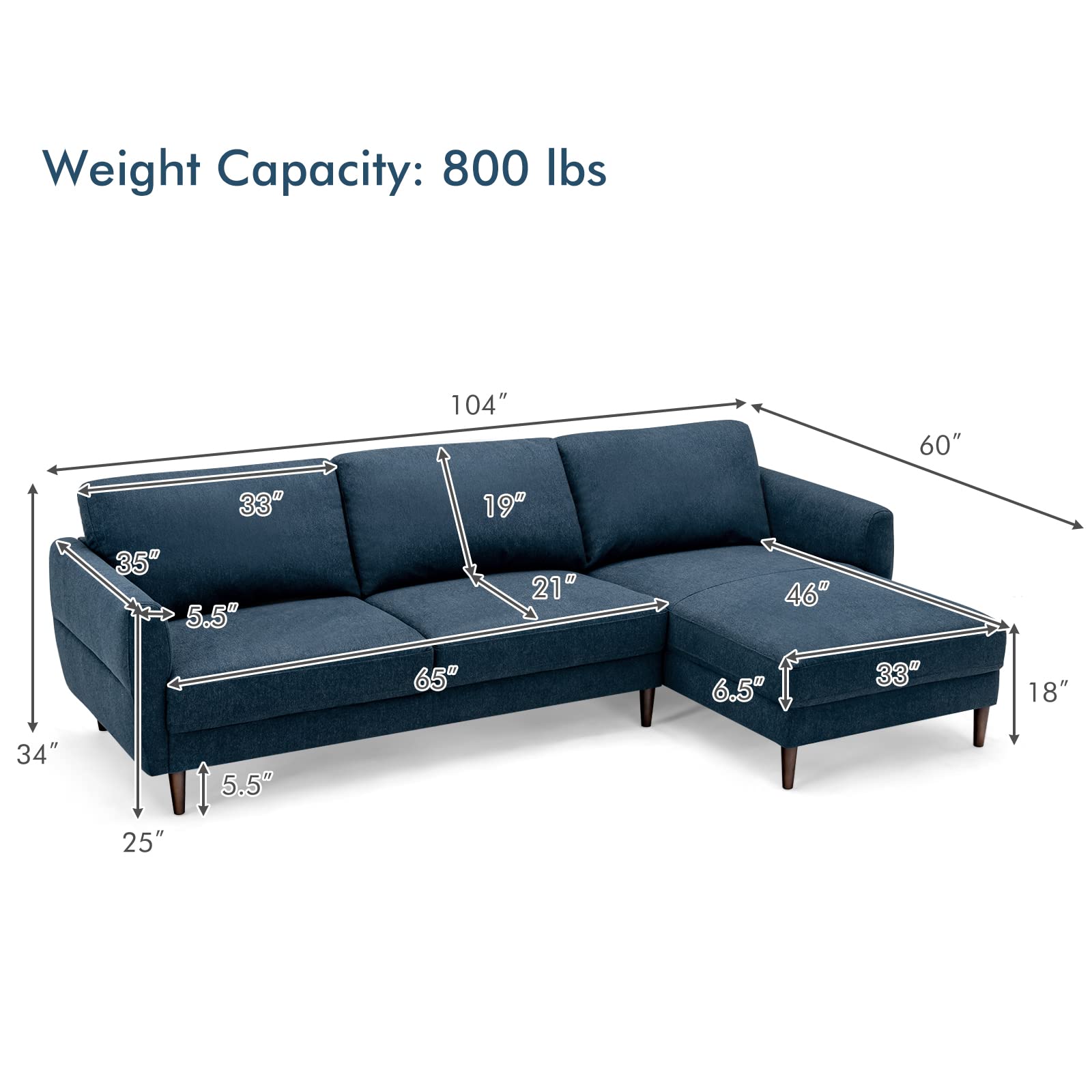 Giantex Sectional Sofa Couch Set, 3-Seat Sofa with Chaise Lounge, Modern L-Shaped Sofa Set for Living Room Apartment Office, Easy Assembly (Navy Blue)