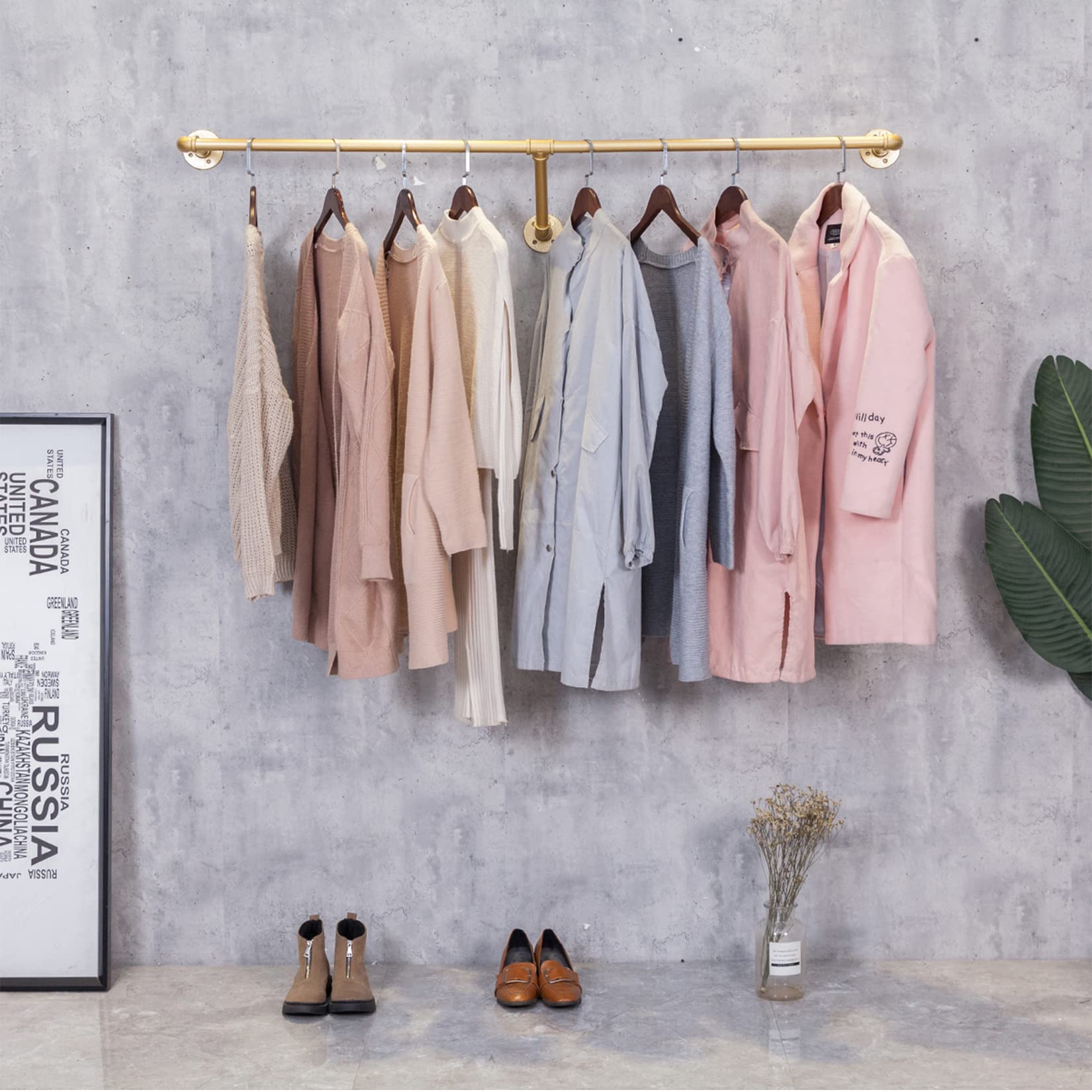 MDEPYCO Industrial Vintage Pipe Wall Mounted Towel Clothing Hanging Shelves System,Laundry Room Type E Storage Rod,Metal Garment Rack for Clothes Retail Display Stand (47" L x 11.8" D, Gold)