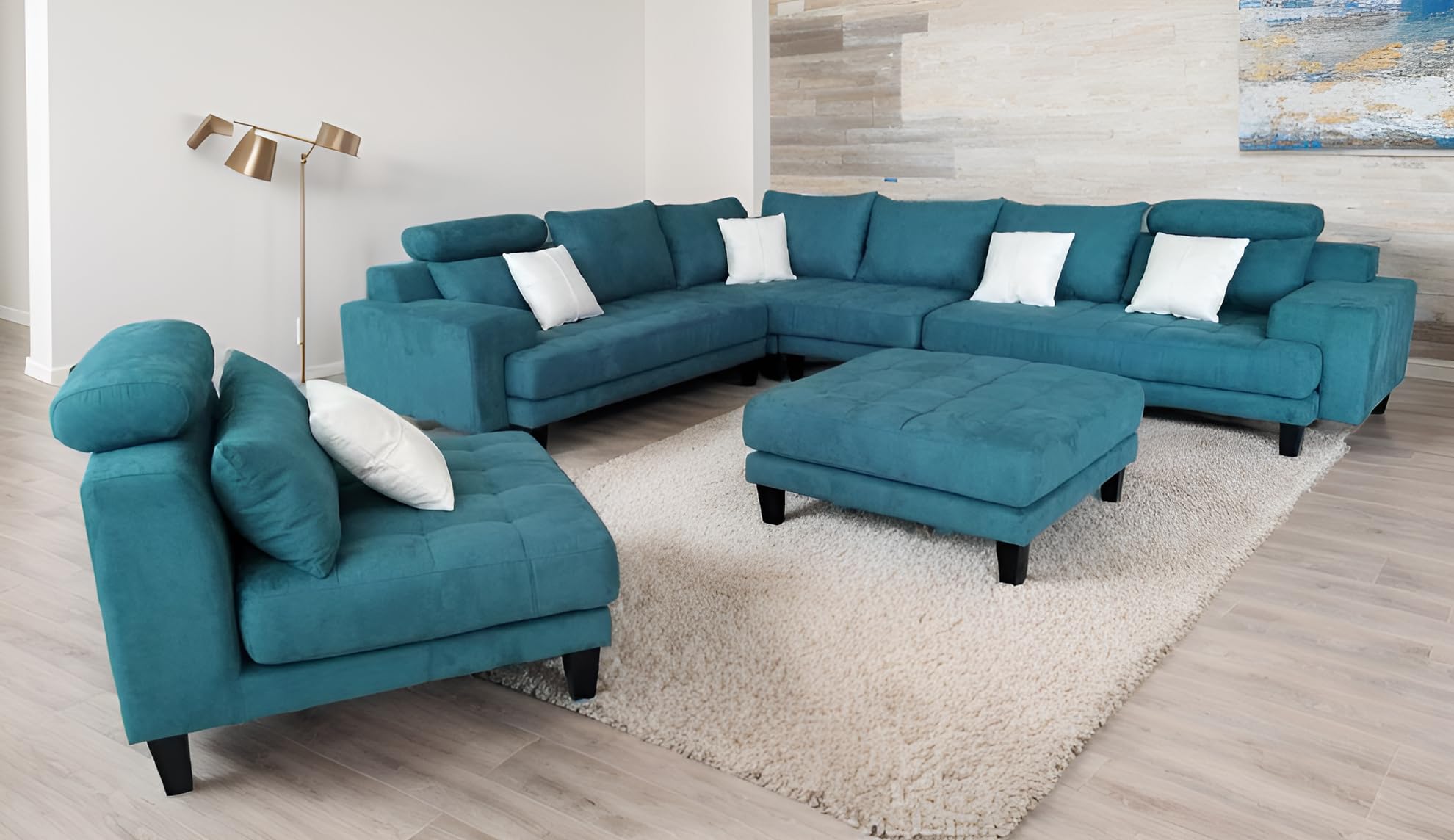 Stendmar L Shape U Shape Reversible Modern Microfiber Fabric Sectional Couch Sofa Set S150D (S150DTB-Teal Blue)