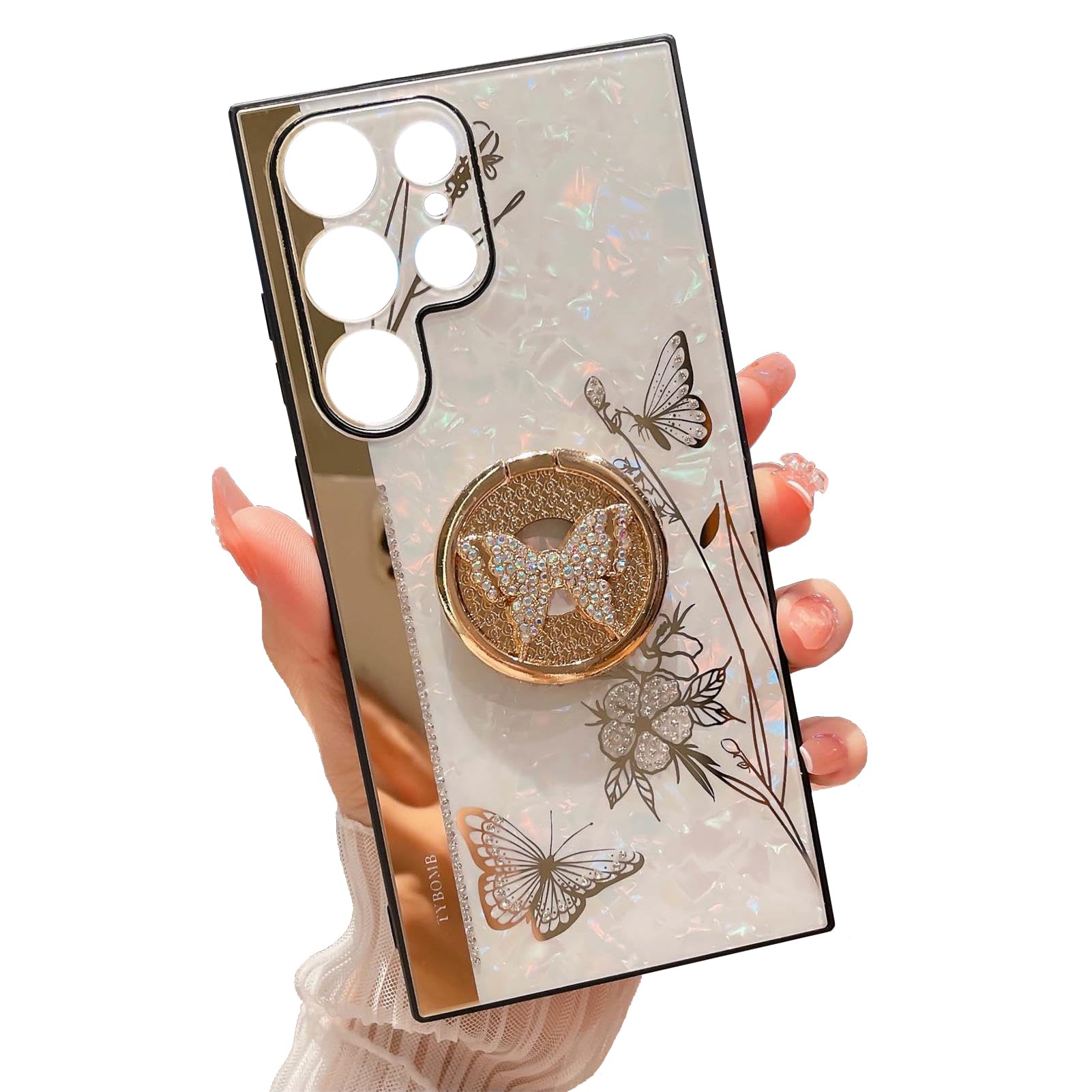 WPCase Samsung Galaxy S23 Ultra Bling Butterfly Case, Cute Butterfly Stand Glitter Diamond Design with Butterfly Ring,Luxury Plating Shell Back Texture Soft TPU Bumper for Women Girls-White