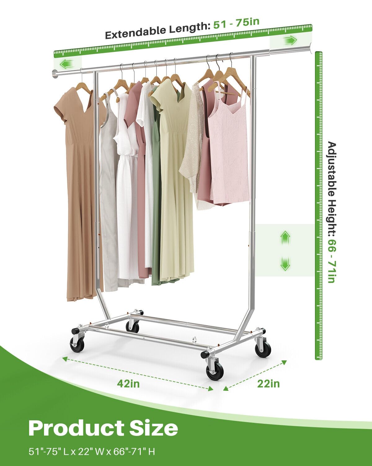 Rolling Commercial Grade Clothing Garment Racks Sing Rail Adjustable