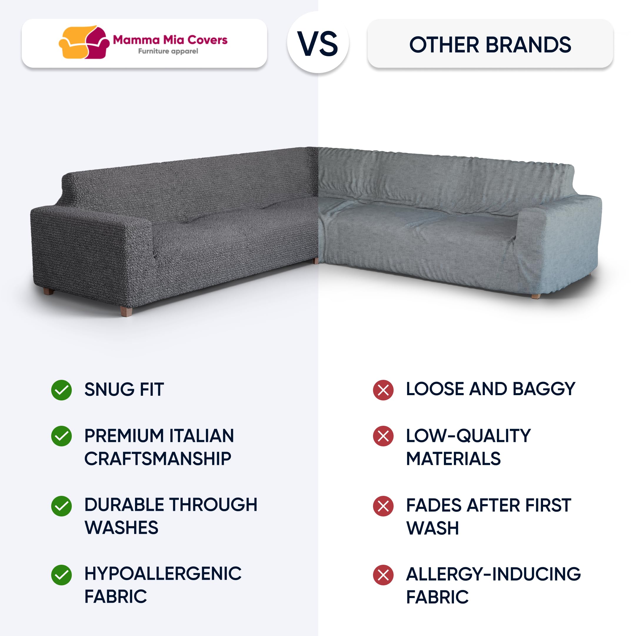 PAULATO BY GA.I.CO. Corner Sectional Couch Cover - Extra Large L-Shape Couch Slipcover - Washable Polyester Sofa Covers - 1-Piece Form Fit Furniture Protector - Microfibra - Ash (Corner Sofa)