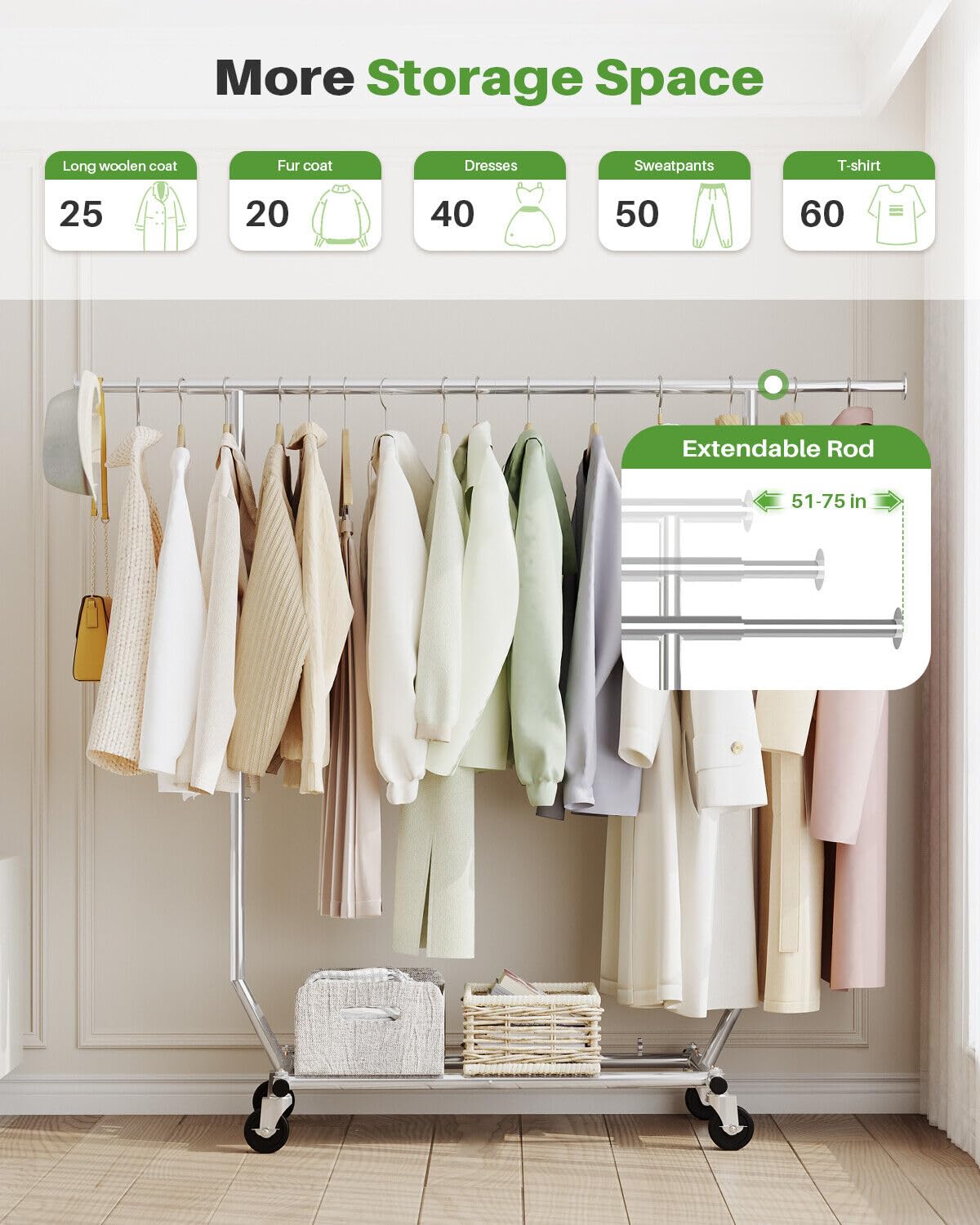 Rolling Commercial Grade Clothing Garment Racks Sing Rail Adjustable