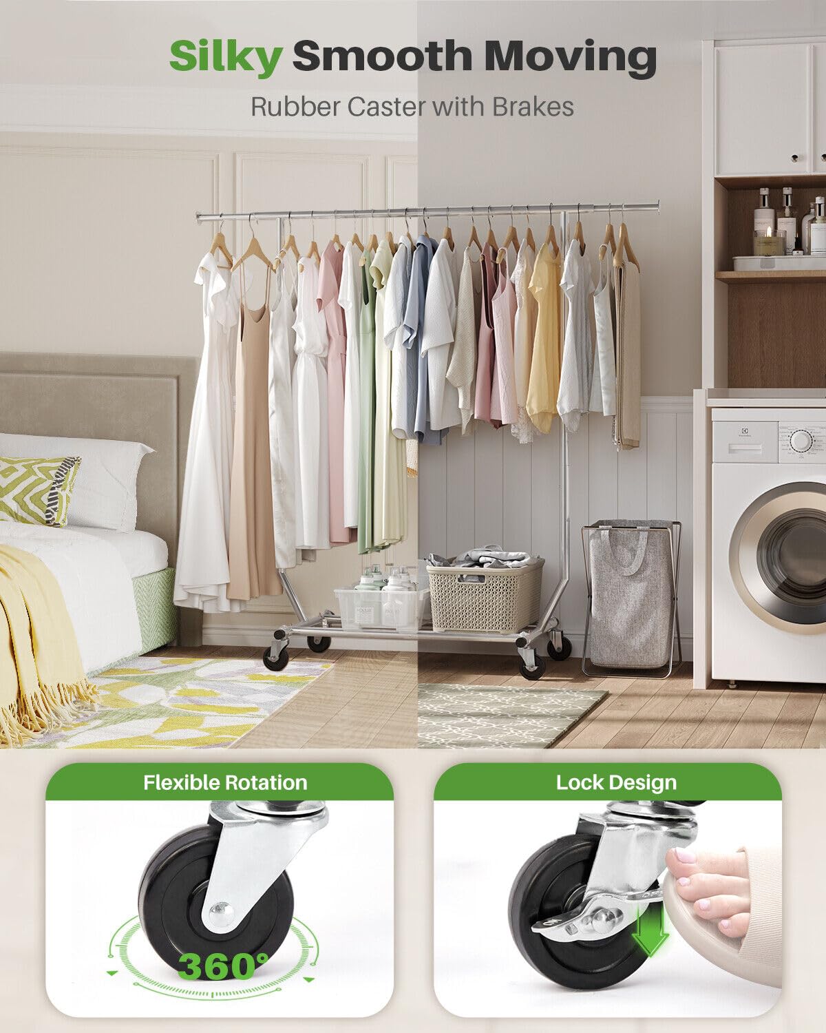 Rolling Commercial Grade Clothing Garment Racks Sing Rail Adjustable