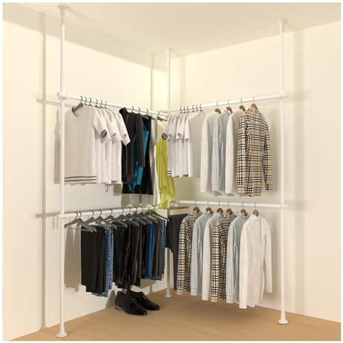 BsBsBest Ceiling Clothes Rack, 4 Tier Adjustable Closet Shelves Free Standing Closet Organizer And Storage Free Ceiling to Floor for Hanging Clothes White