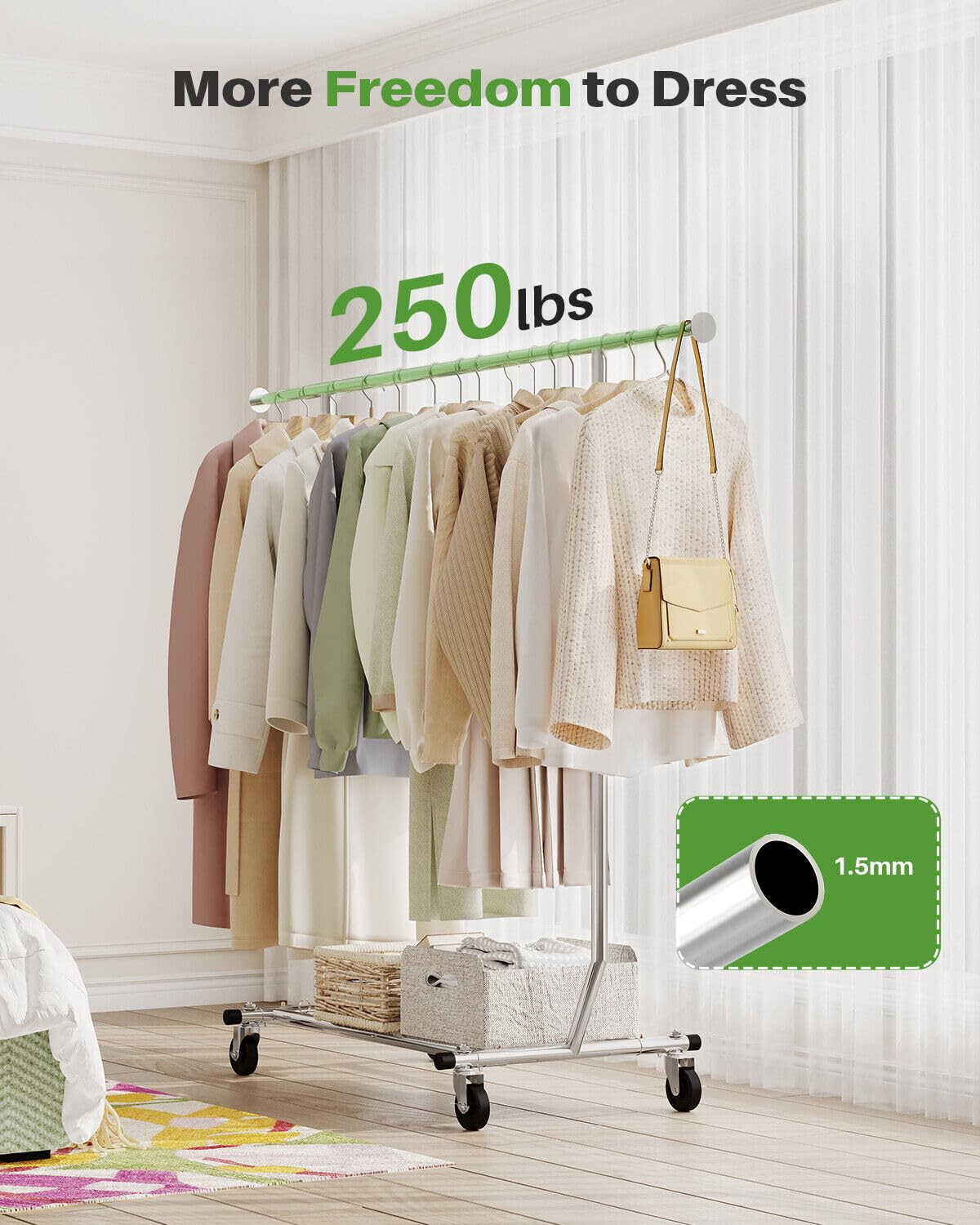 Rolling Commercial Grade Clothing Garment Racks Sing Rail Adjustable
