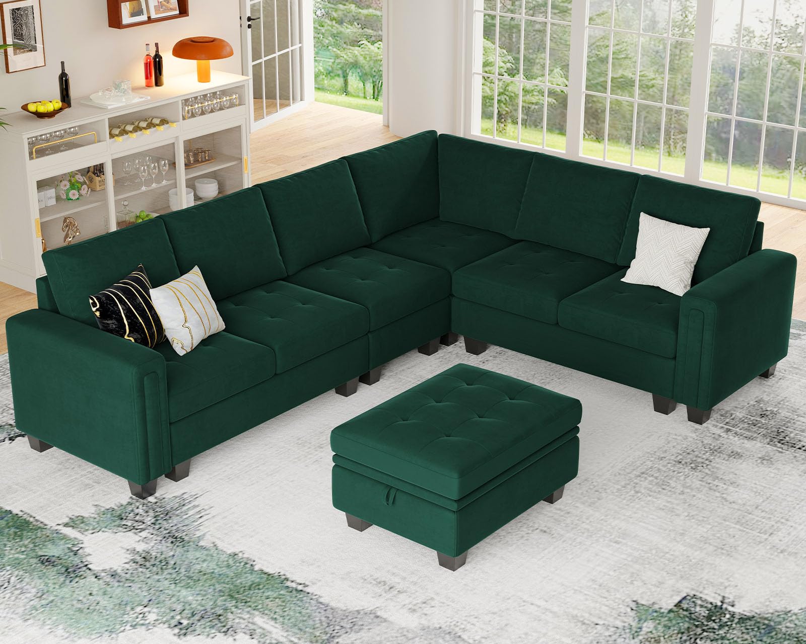 Belffin Velvet L Shaped Sofa Couch with Reversible Chaise Convertible Modular Sectional Sofa Set with Storage Ottoman Corner Sofa Set for Living Room Green