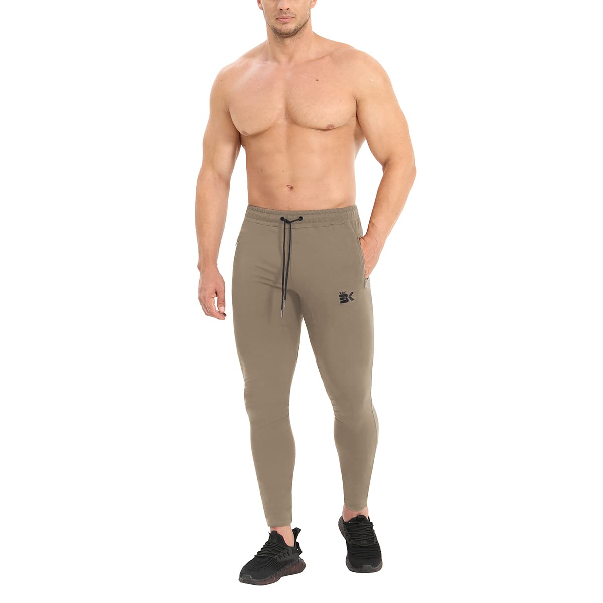 BROKIG Mens Workout Joggers Ankle Cords Gym Running Pants Athletic Sweatpants for Men with Zipper Pockets(X-Large, Beige)