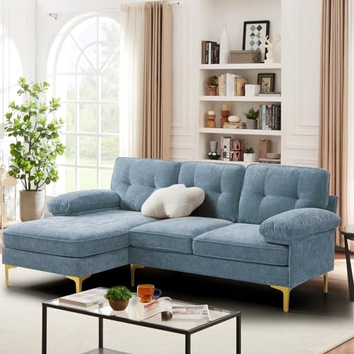 COCOLHOME L- Shaped Sectional Sofa 85" Convertible Modern Upholstered Couch Chenille Fabric with Reversible Chaise Detachable Washable Cover for Living Room, Apartment, Small Space (Light Blue)