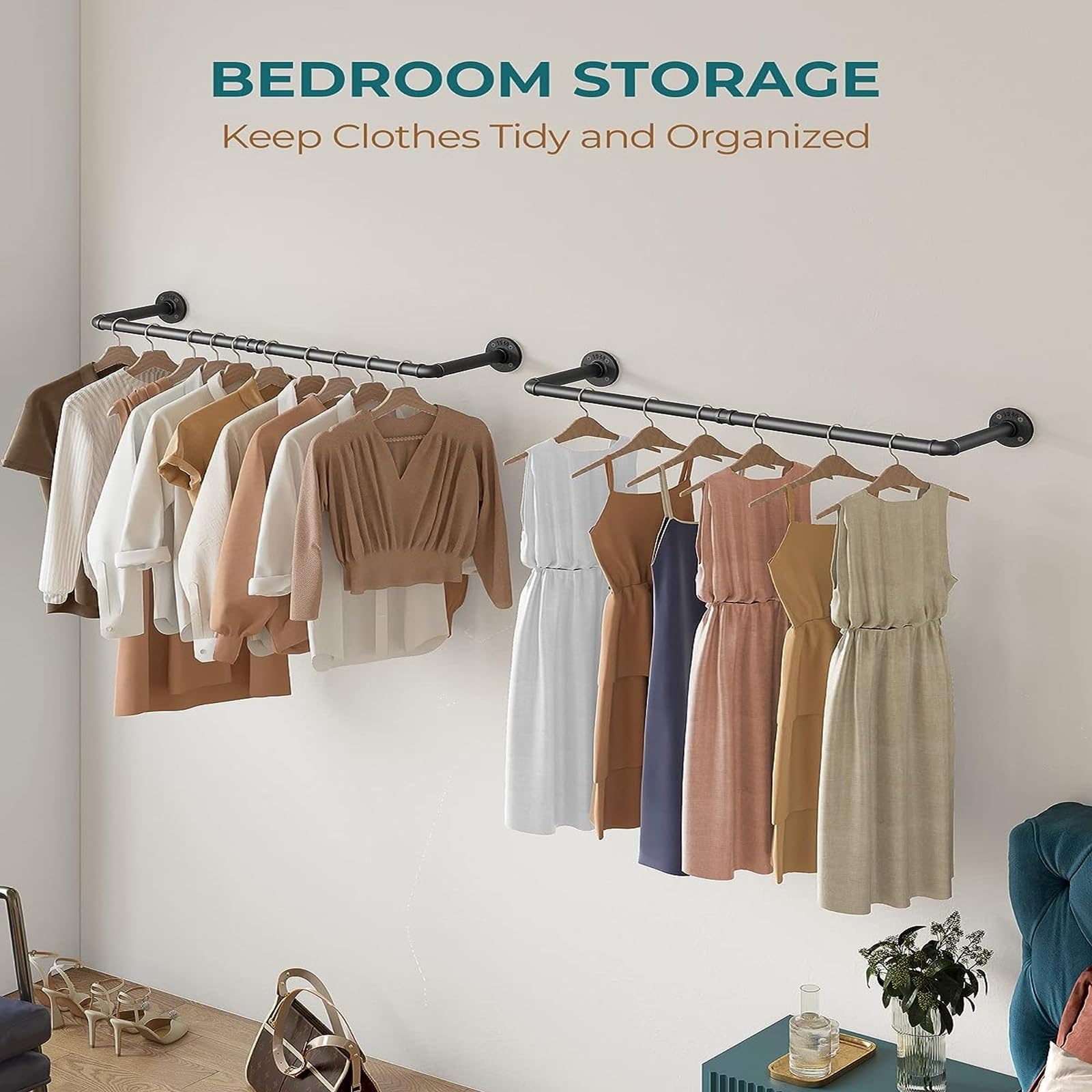 Clothes Rack, Industrial Pipe Wall Mounted Garment Rack, Heavy Duty Iron Pipe Clothing Garment Rail Multi-Purpose Detachable Hanging Clothes Shelf Hanging Rod ( Color : 2pcs , Size : L-49cm(19.3in) )